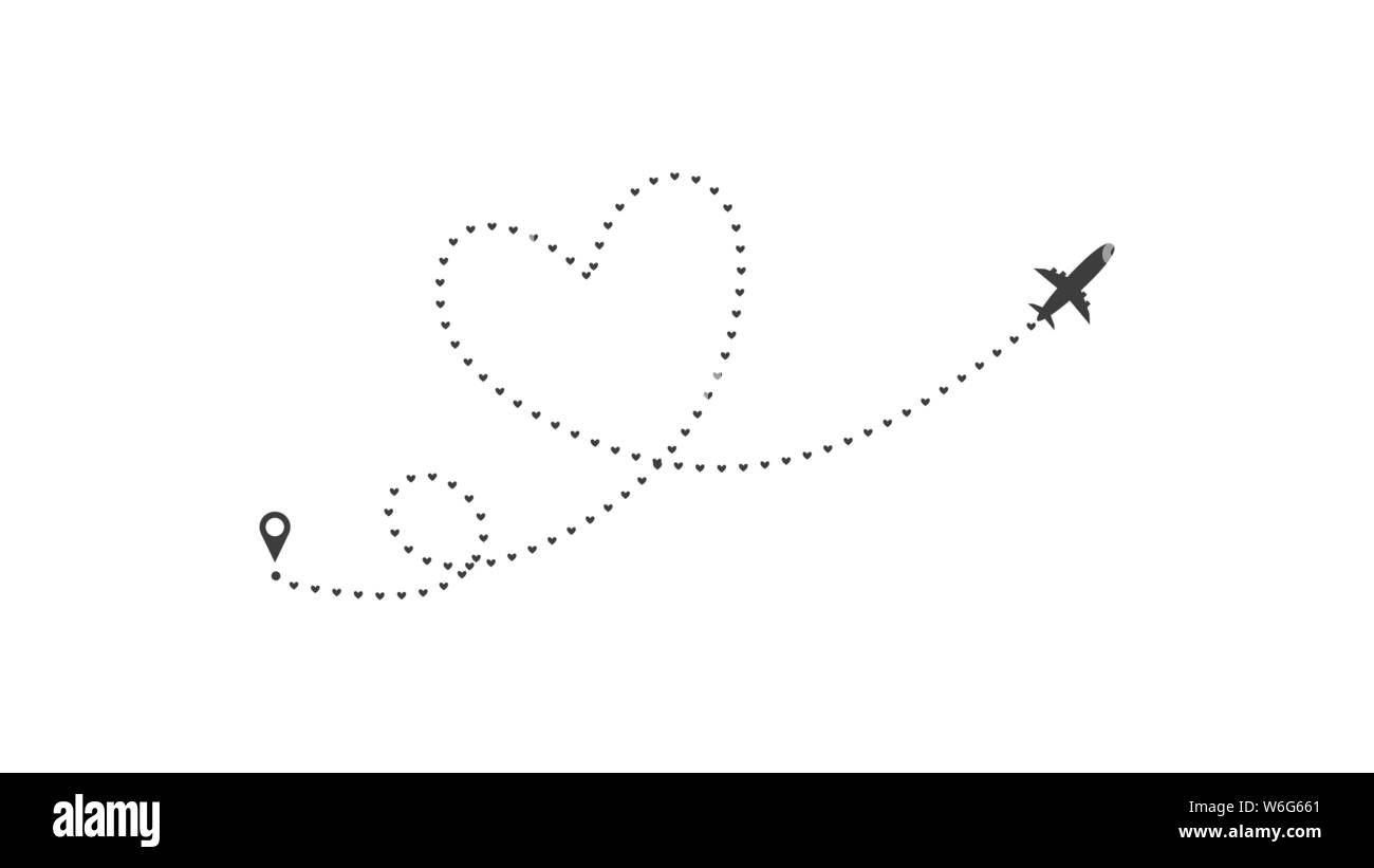 Love airplane route. Heart dashed line trace and plane routes isolated ...