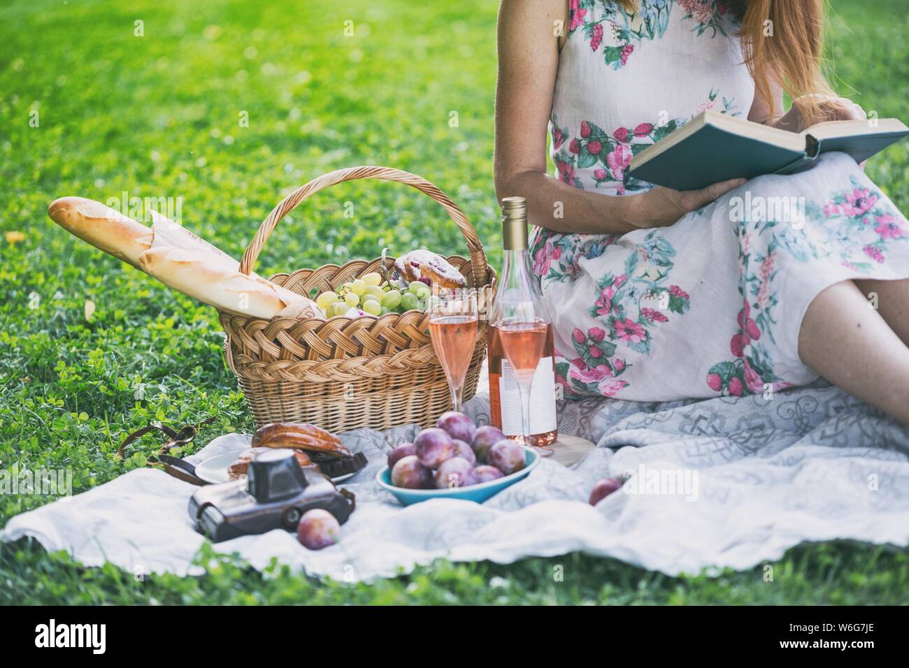 Summer - picnic in the meadow. girl sitting reading a book and near a ...