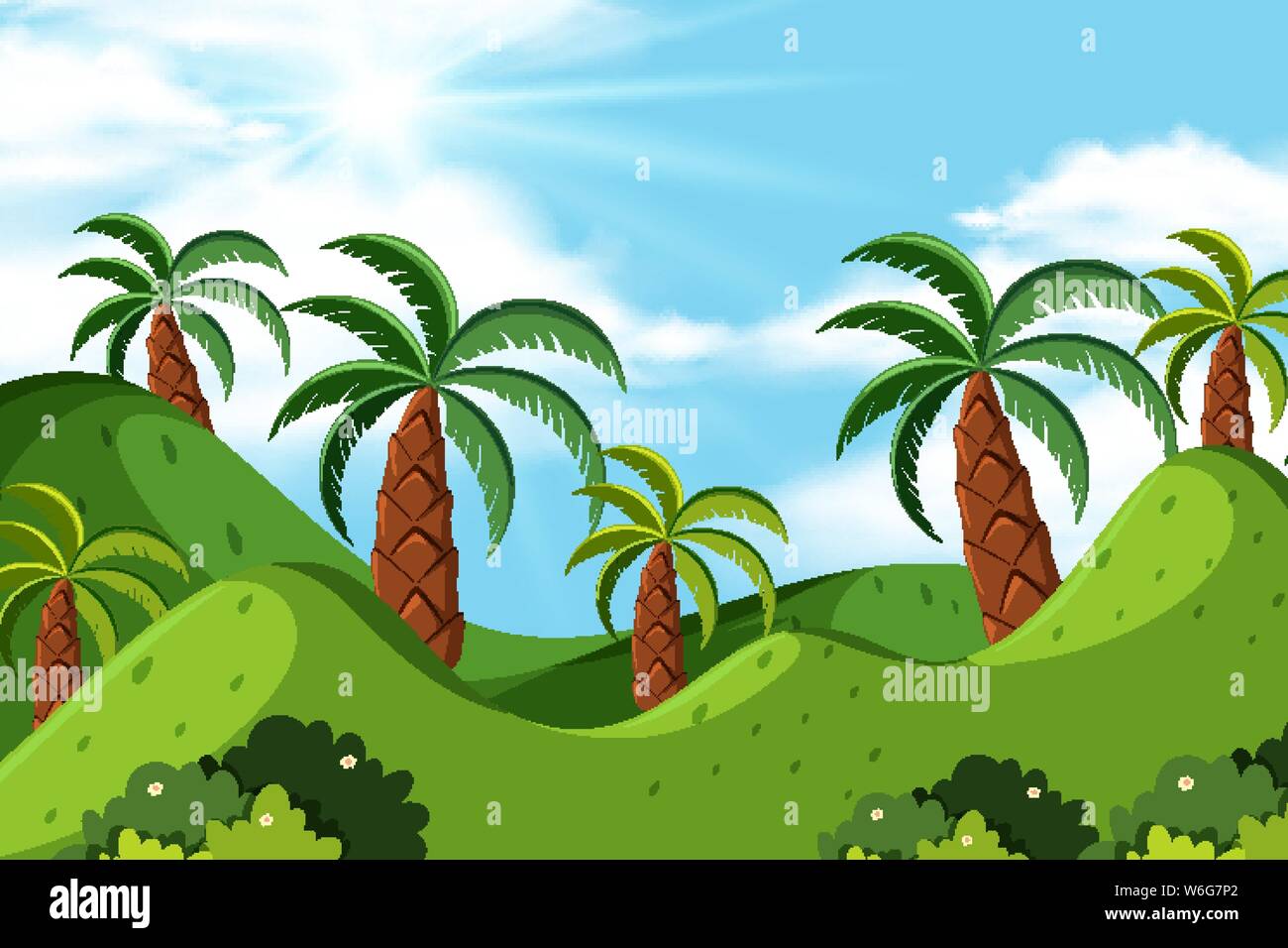 Background design of landscape with trees on hills illustration Stock ...
