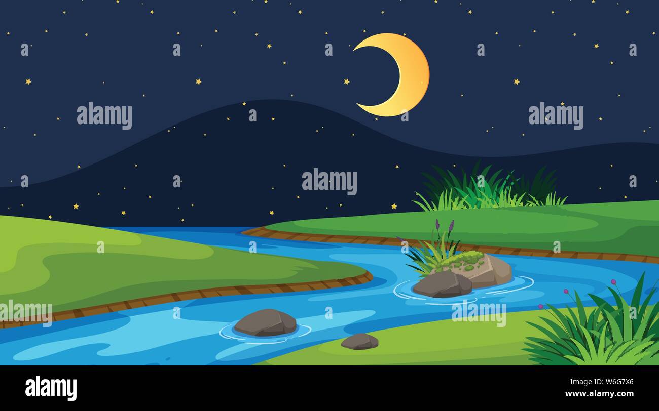Landscape background design of river at night illustration Stock Vector ...
