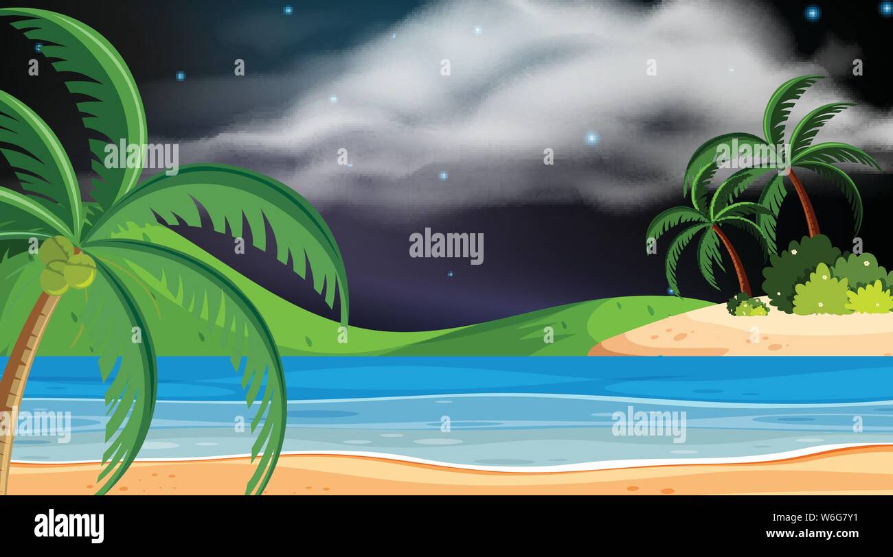 Landscape background design of ocean at night illustration Stock Vector ...