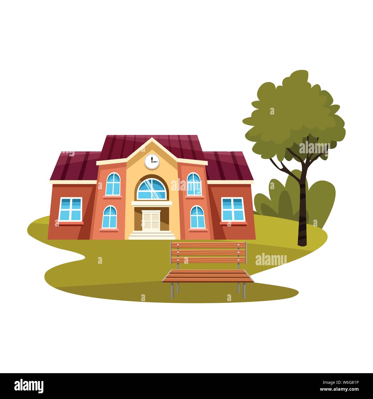 School building in park with bench Stock Vector Image & Art - Alamy