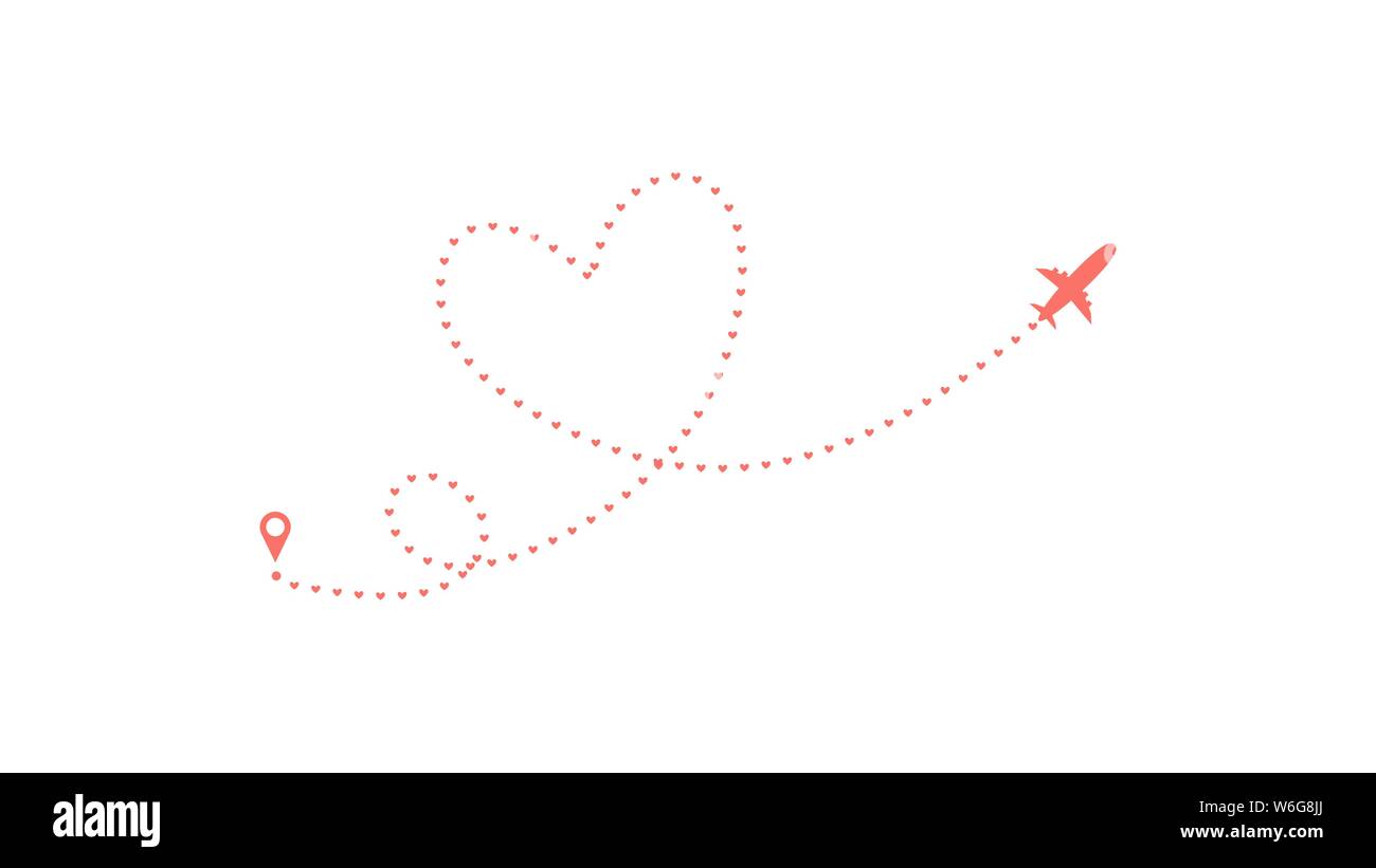 Love airplane route. Heart dashed line trace and plane routes isolated ...