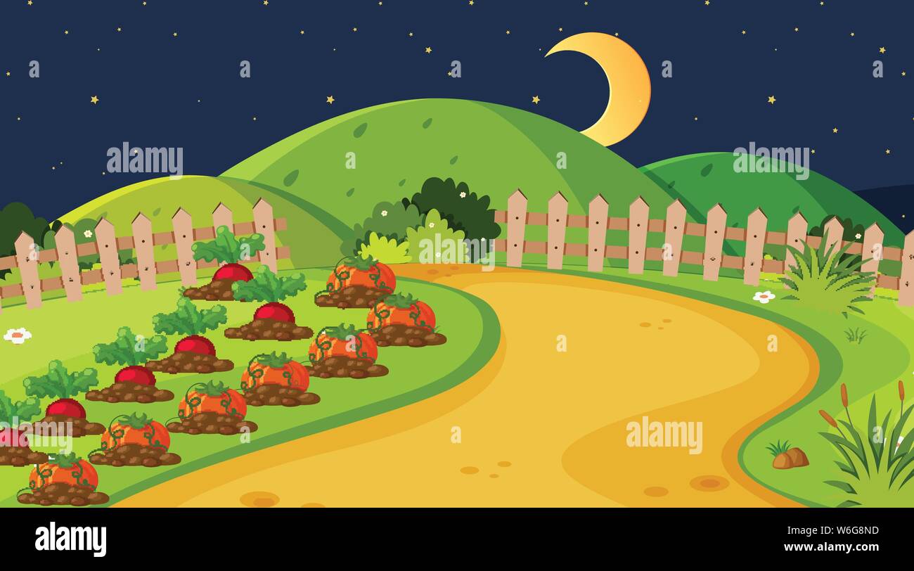 Background design of landscape with vegetable garden at night ...