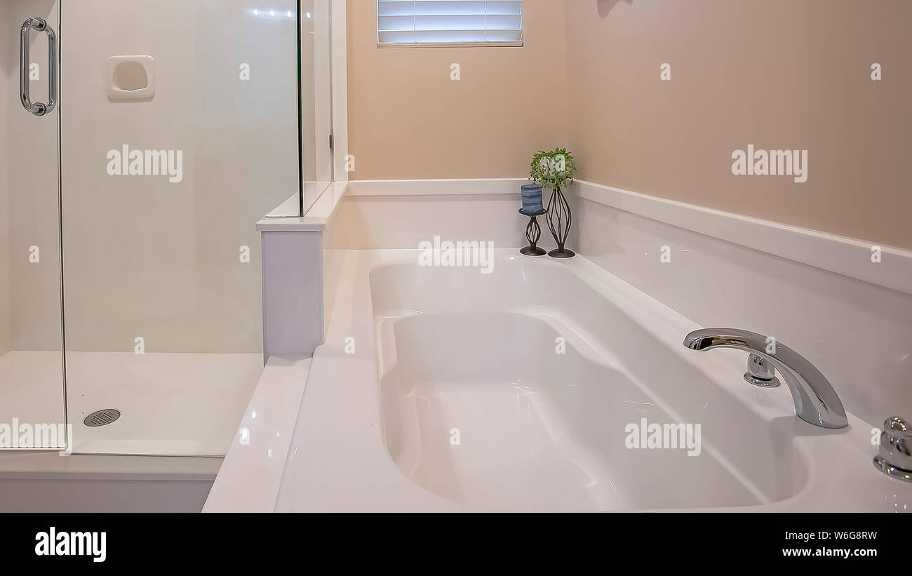 Panorama Glass walled shower stall and shiny bathtub inside the ...