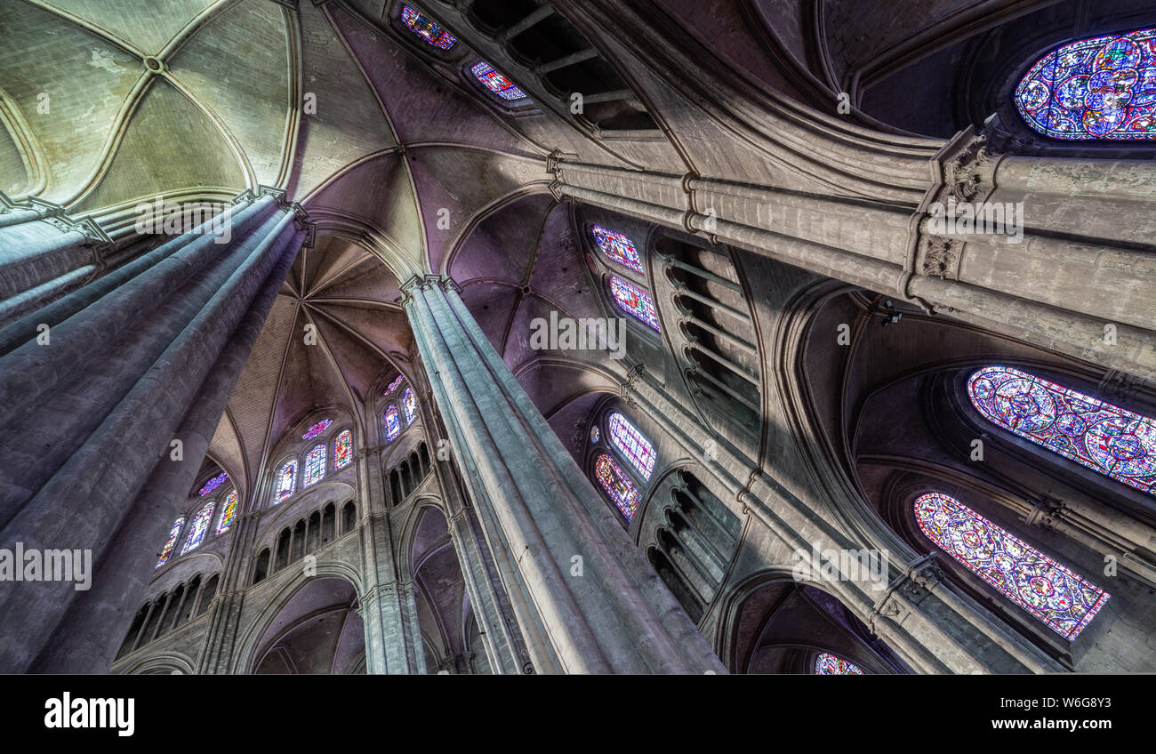 Bourges, France - June 11 2017 : vaults, arches, piers and stained ...