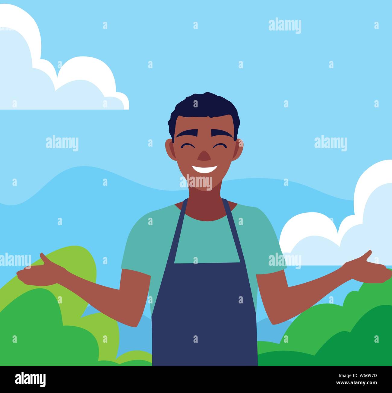 young seller man character with apron outdoors vector illustration ...