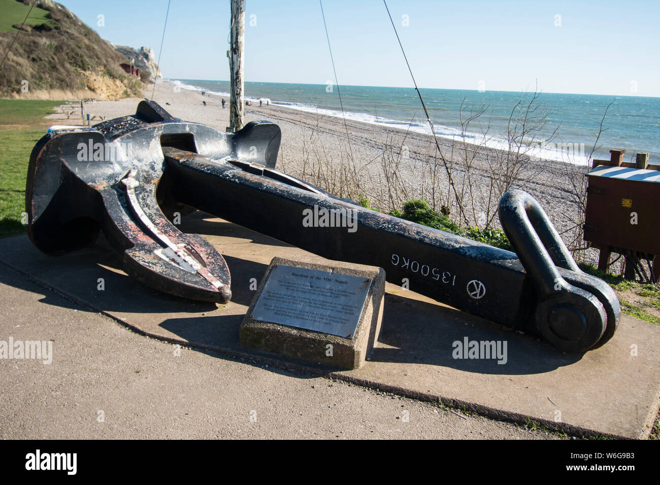 Branscombe beach large ship Anchor MSC Napoli grounded plaque big large ...