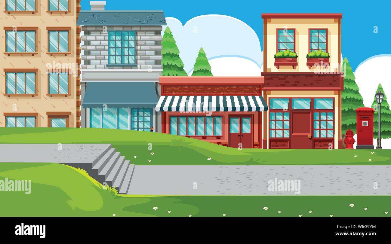 An outdoor scene with shops illustration Stock Vector Image & Art - Alamy