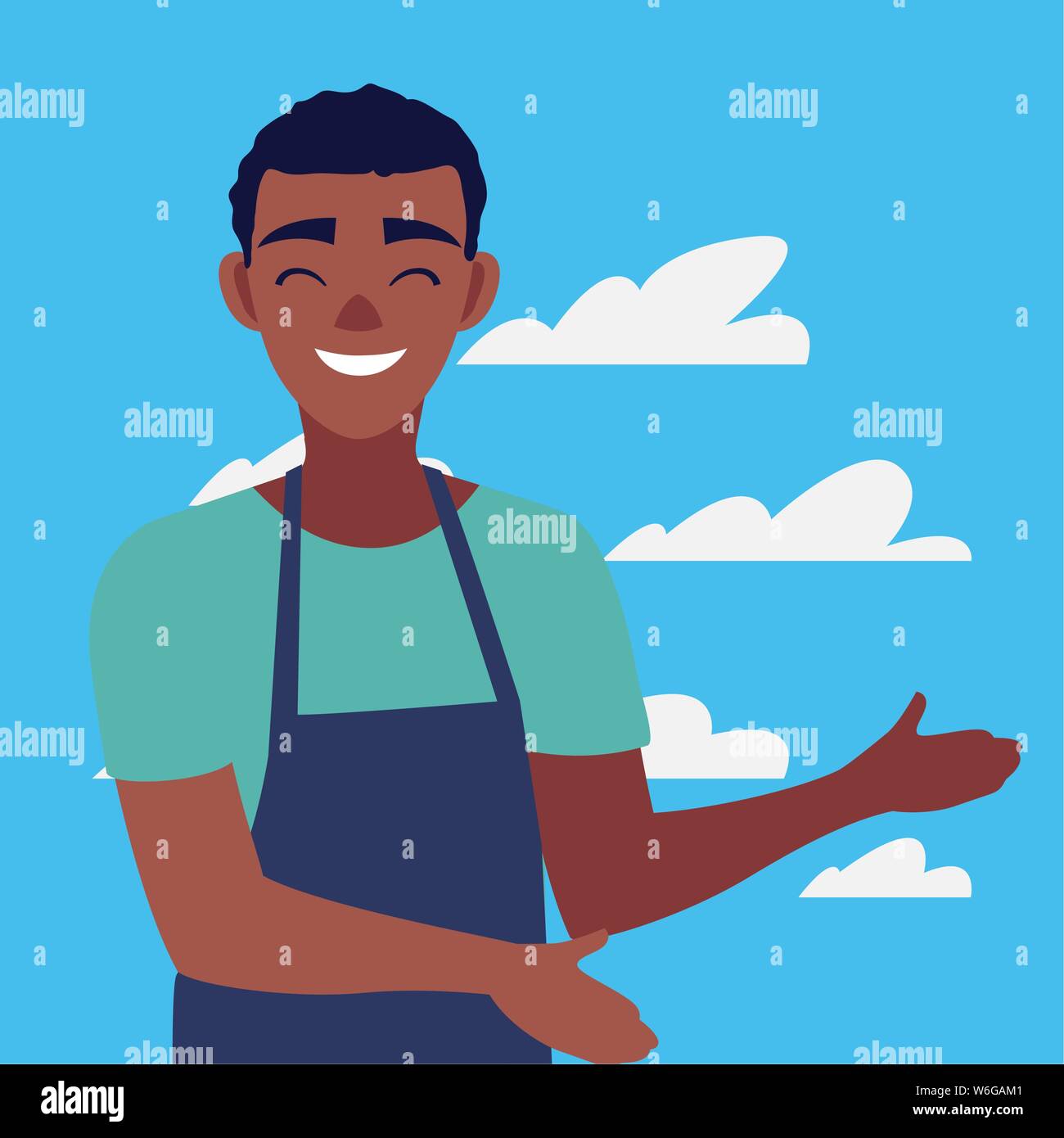 young seller man character with apron outdoors vector illustration ...