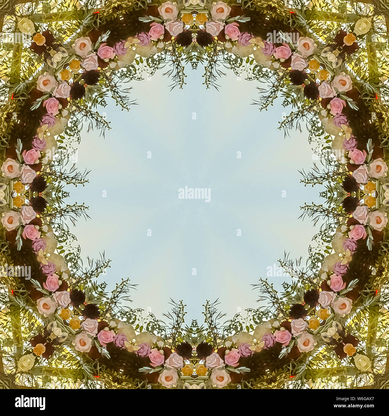 Circular angular floral design made from wedding flowers at sunset ...