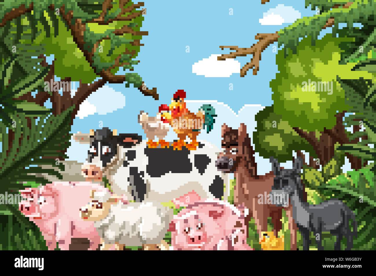 Farm animals in jungle scene illustration Stock Vector Image & Art - Alamy