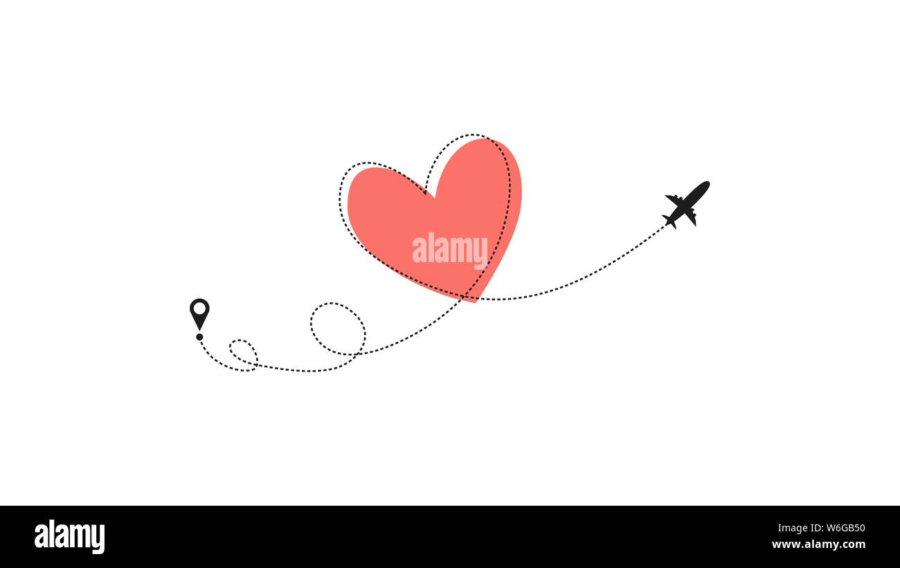 Love airplane route. Heart dashed line trace and plane routes isolated ...