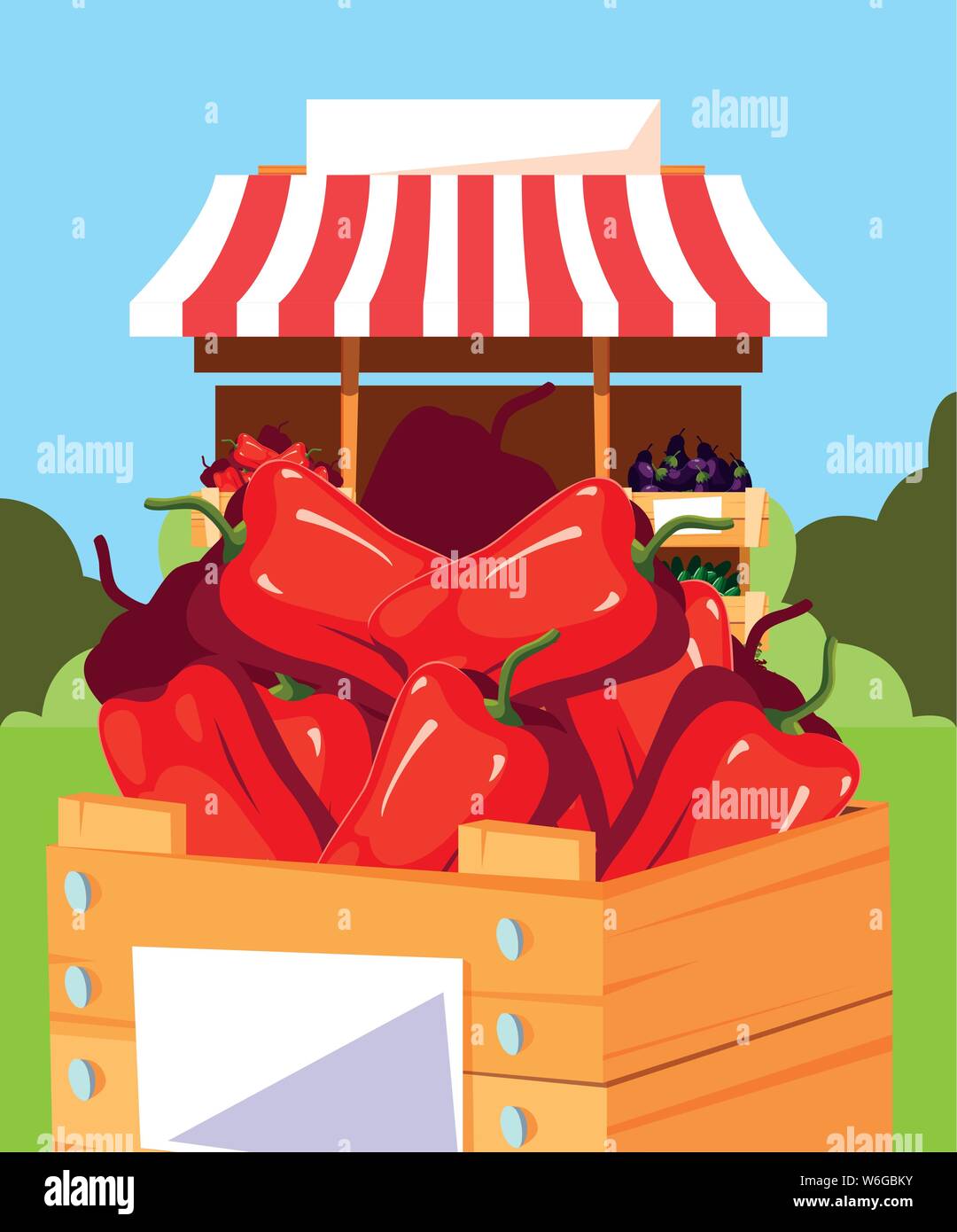 stand selling vegetable peppers in wooden basket vector illustration ...