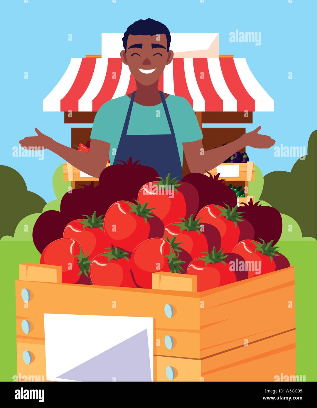 seller man farm products stand tomatoes vector illustration Stock ...