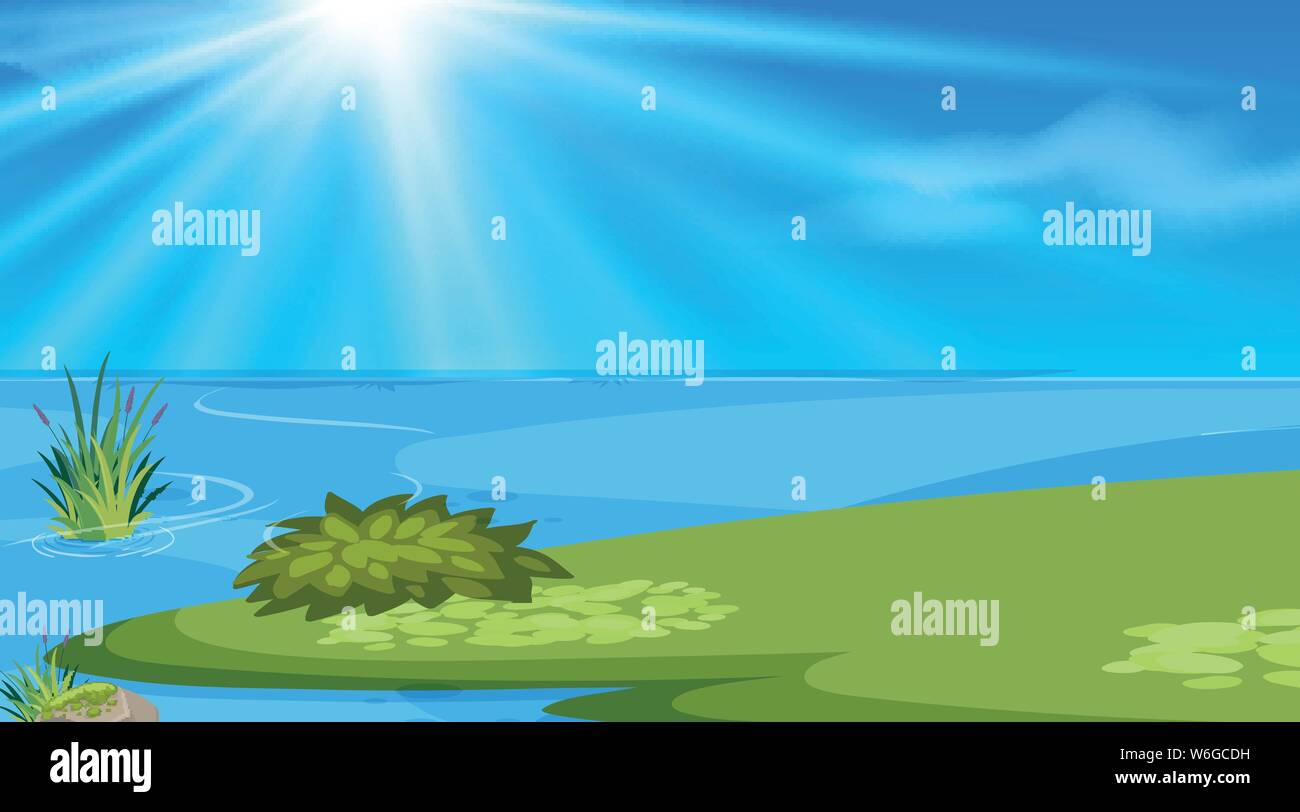 Background design of landscape with lake at day time illustration Stock ...