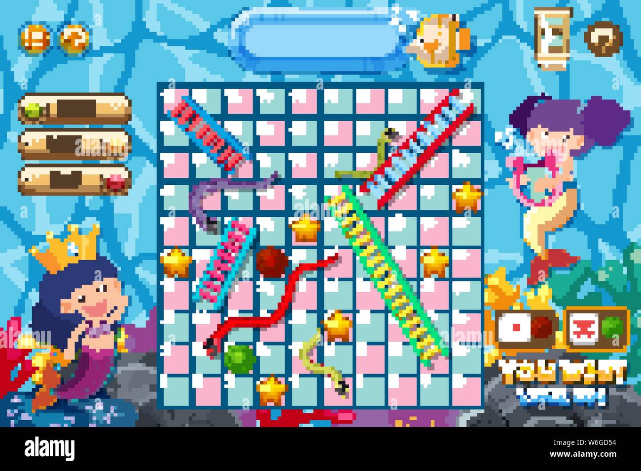 Game template with mermaids playing music underwater illustration Stock ...