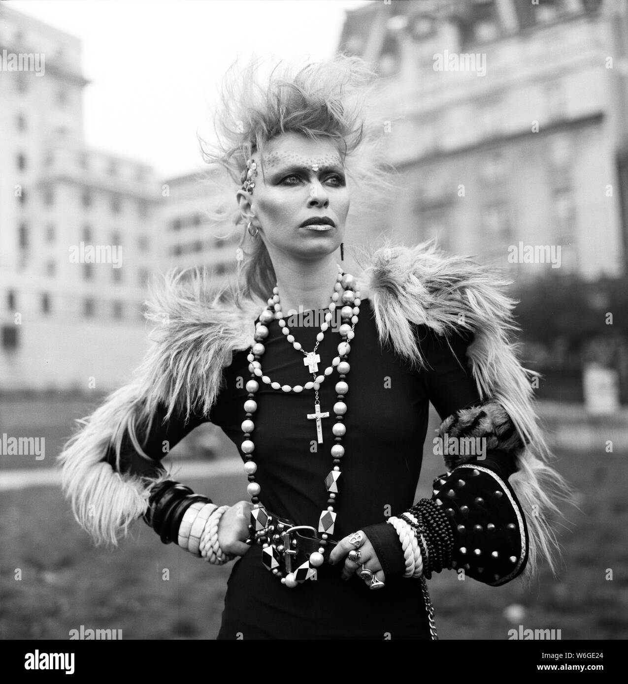 Chelsea fashion designer Jane Kahn models her designs. 2nd October 1983 ...