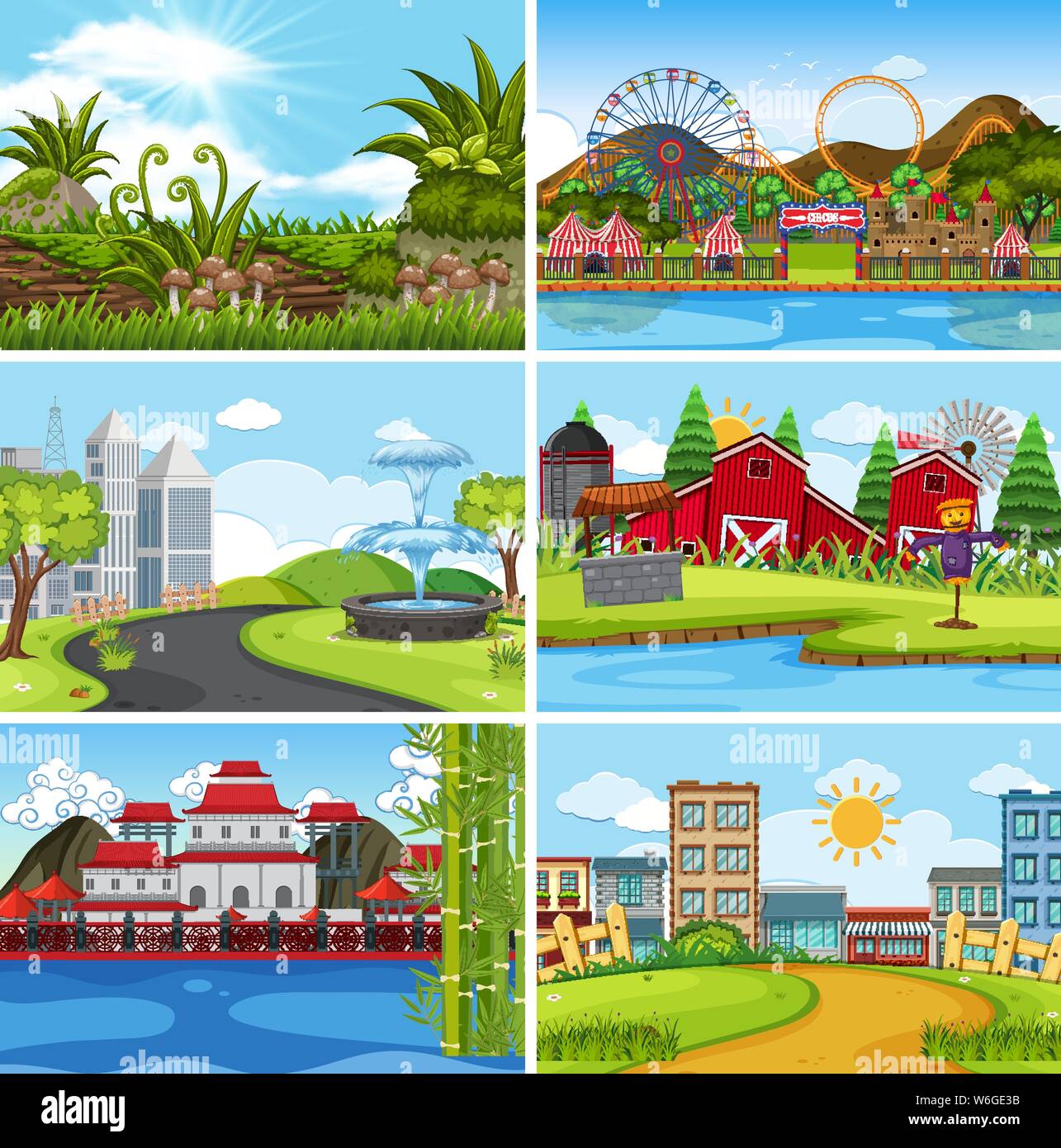 A set of outdoor scene including building illustration Stock Vector ...
