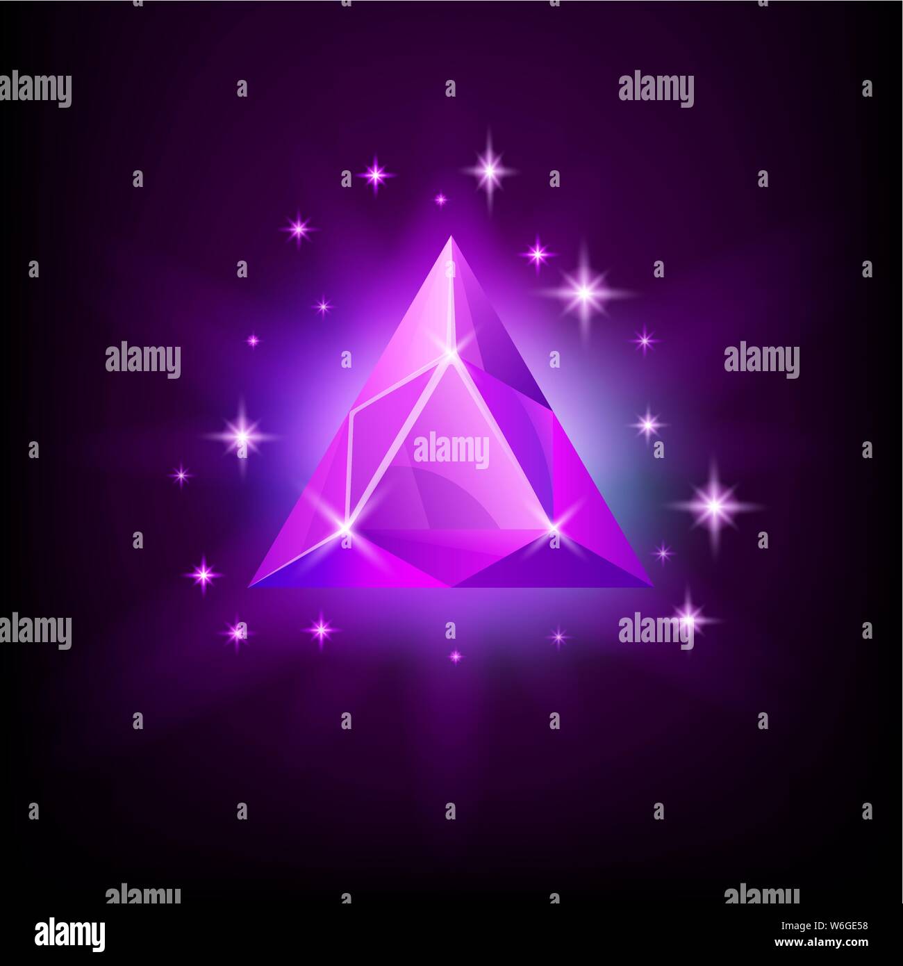 Triangular purple shining gemstone with magical glow and stars on dark ...