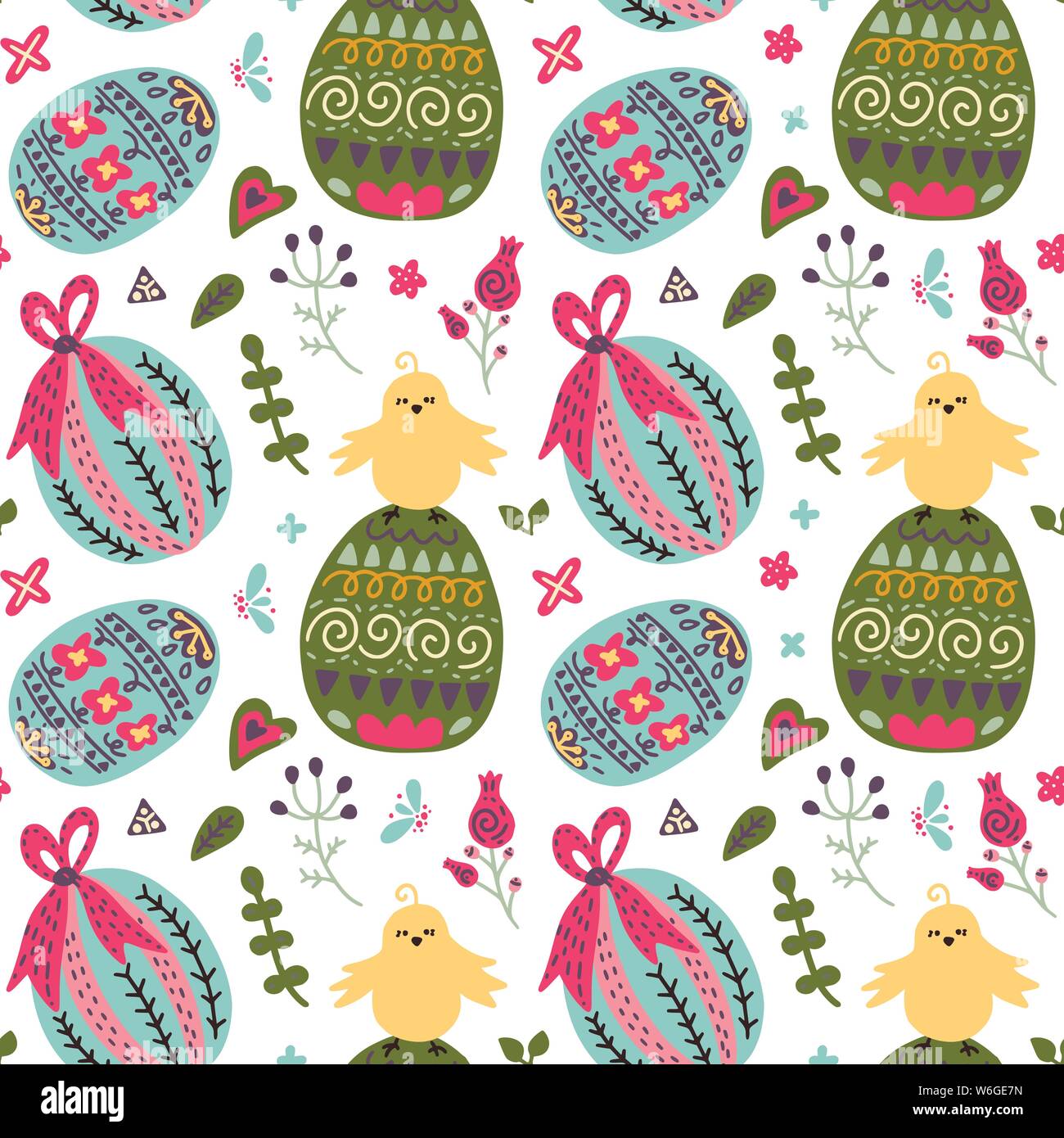 Seamless spring vector pattern with Easter eggs, chickens and flowers ...