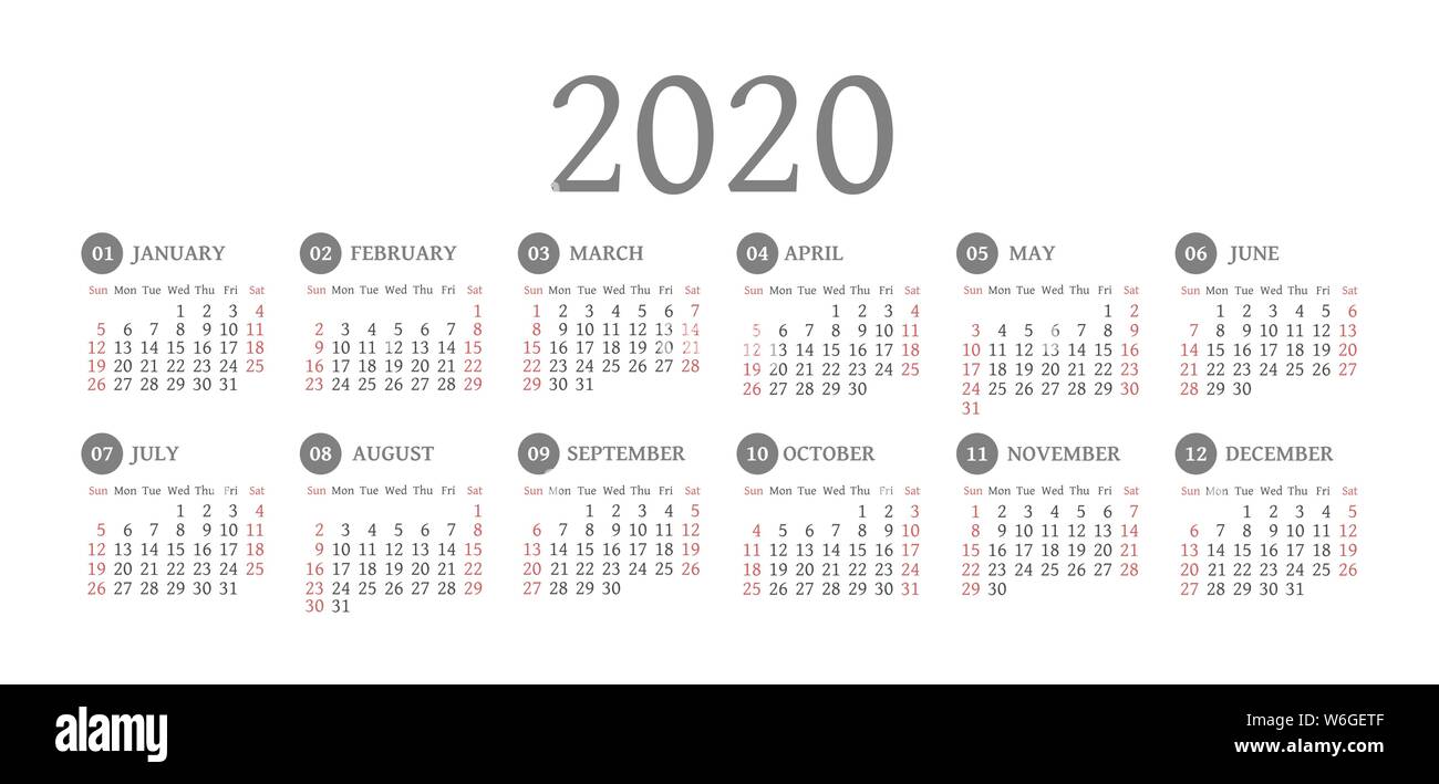 Calendar 2020 year. Black and white vector template. Week starts on ...