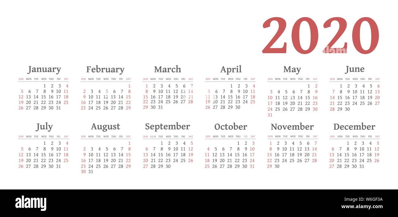 Calendar 2020 year. Black and white vector template. Week starts on ...