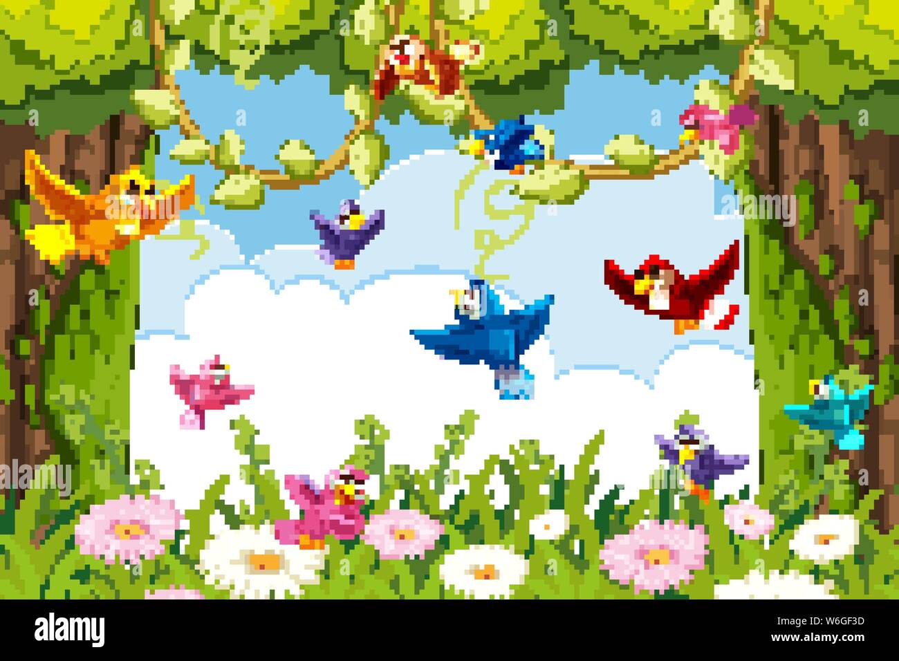 Colorful birds in jungle scene illustration Stock Vector Image & Art ...