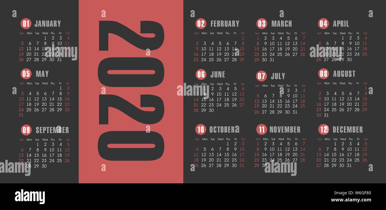 Calendar 2020 year dark. Black and white vector template. Week starts ...