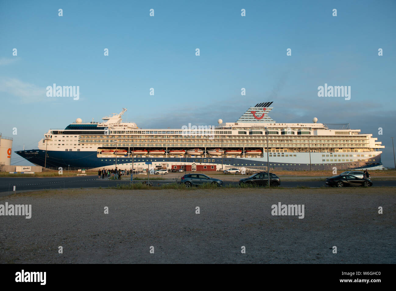Full length view of Tui Cruise ship Morella Explorer in Skagen Harbour ...