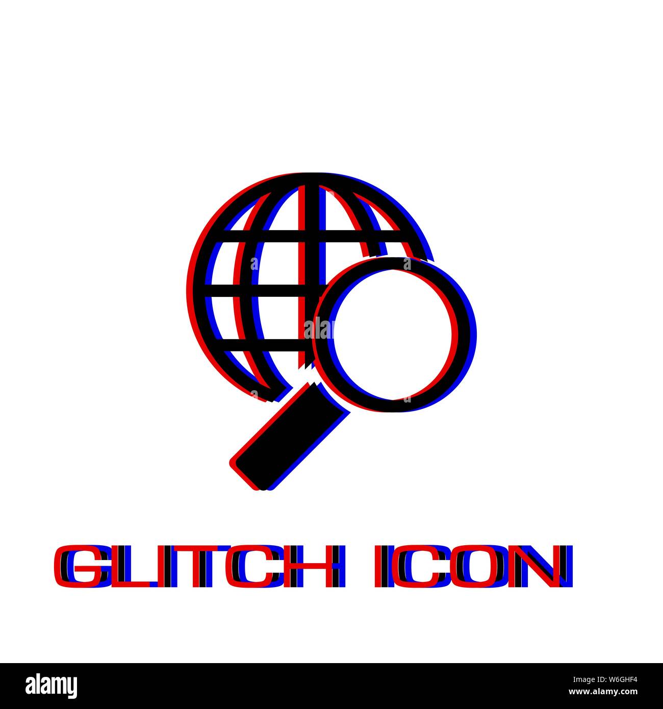 Magnify globe icon flat. Simple pictogram - Glitch effect. Vector ...