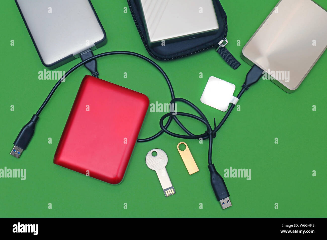 USB memory hard drives and flash cards used in computer industry Stock ...