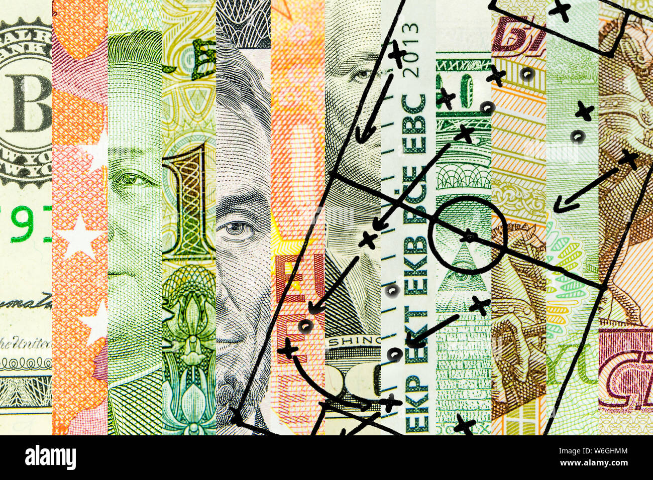 four main world currencies in strips with the picture of soccer footbal ...