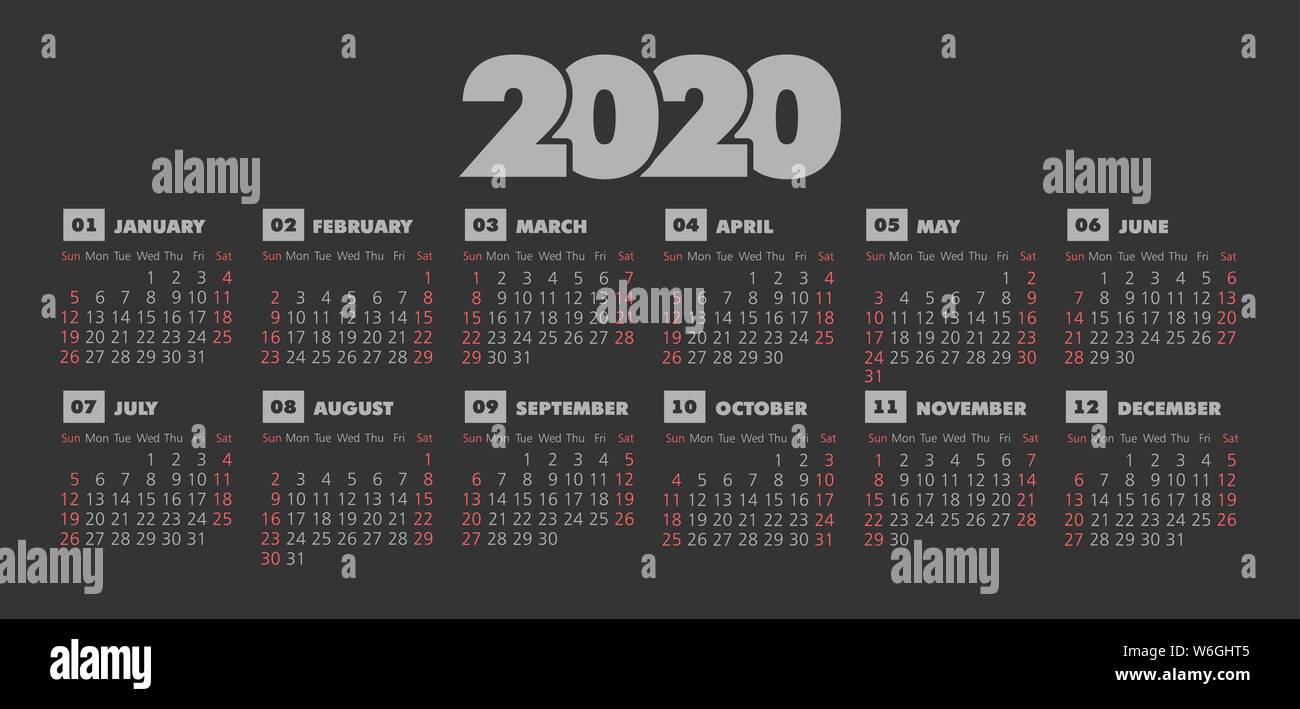 Calendar 2020 year dark. Black and white vector template. Week starts ...