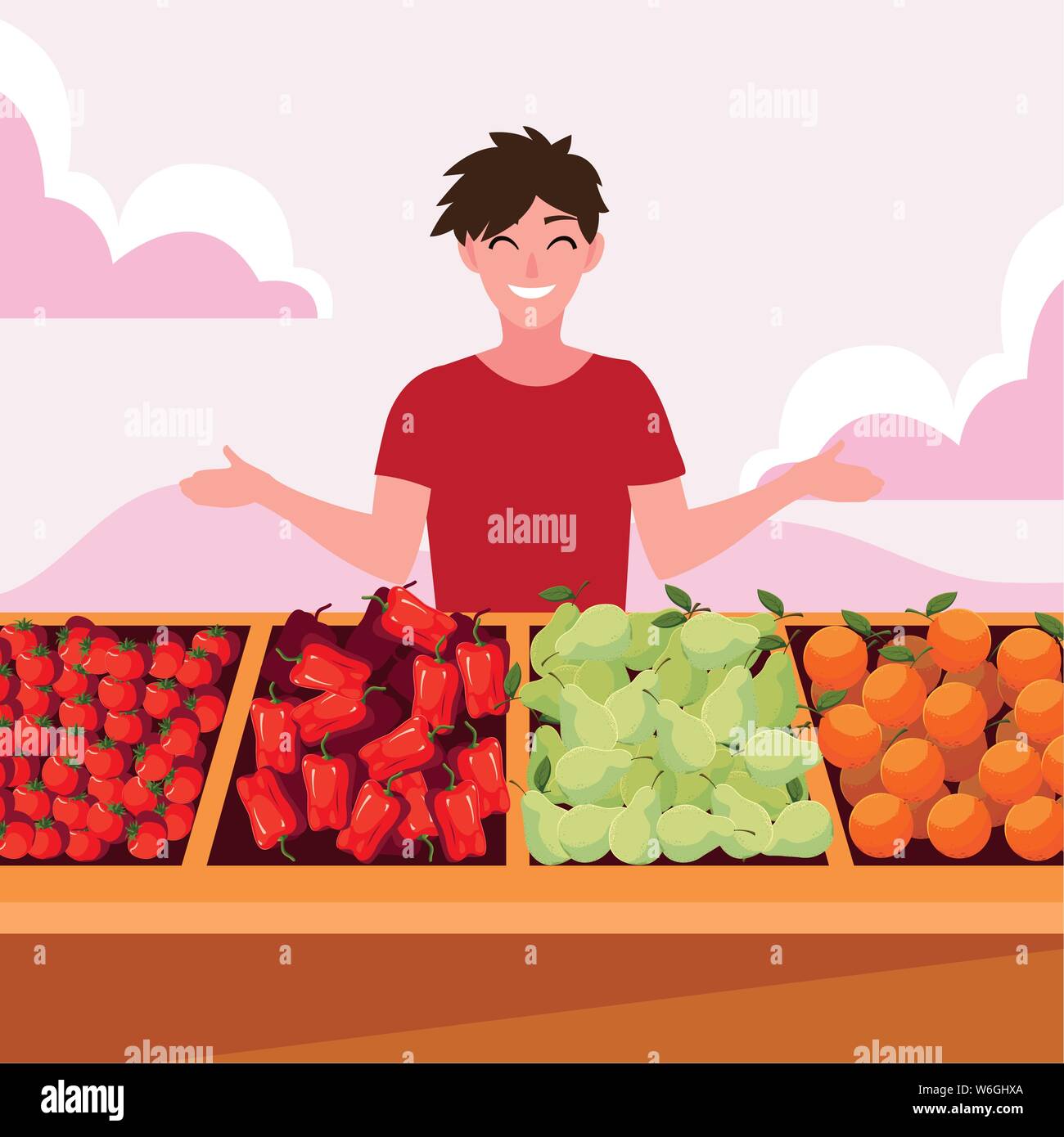 seller man in a farmer market vegetable fruits vector illustration ...