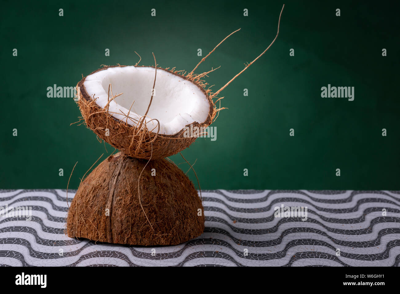 Coconut halves forming a chalice with the outer brown shell and inner ...