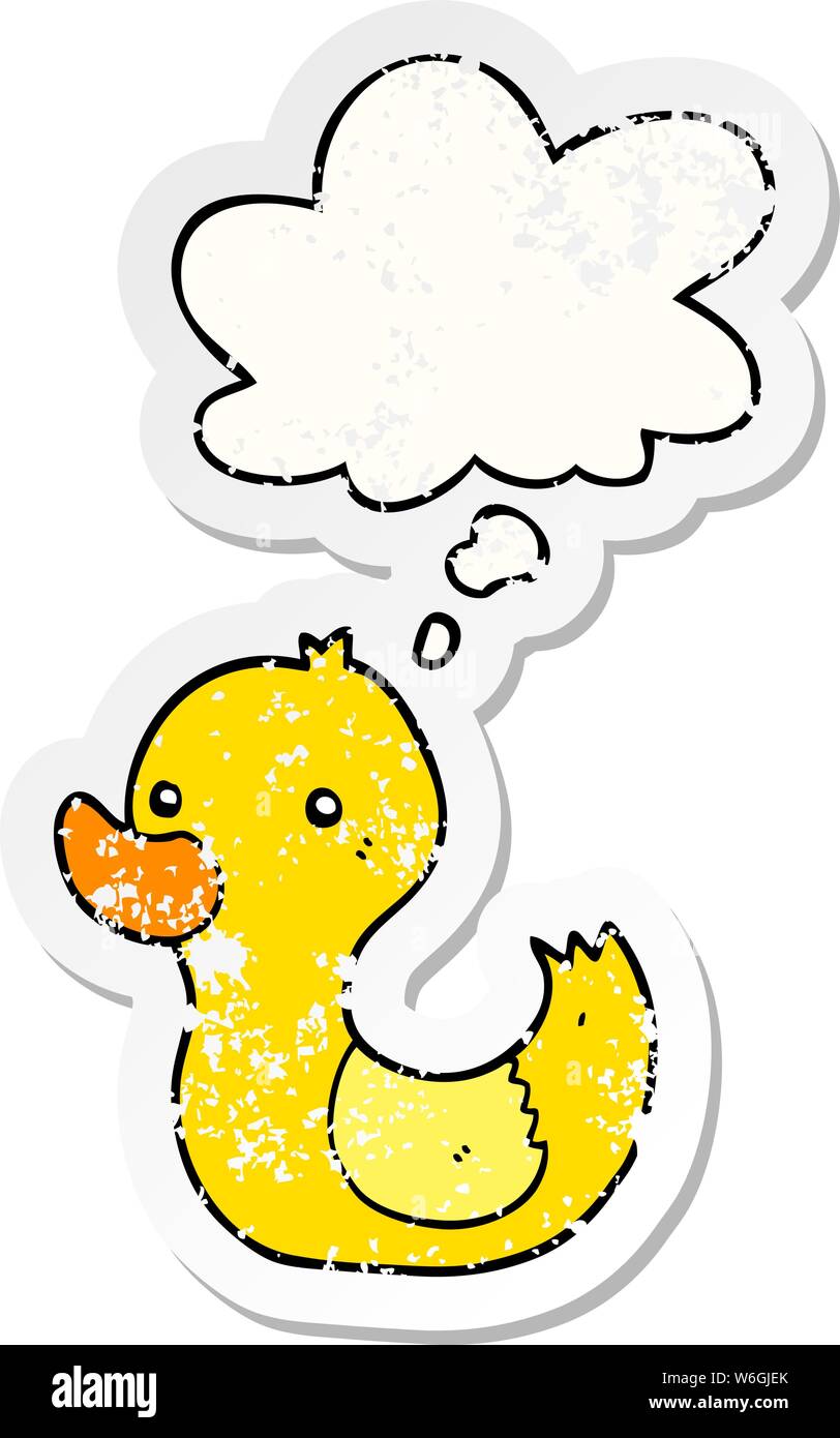 cartoon duck with thought bubble as a distressed worn sticker Stock ...