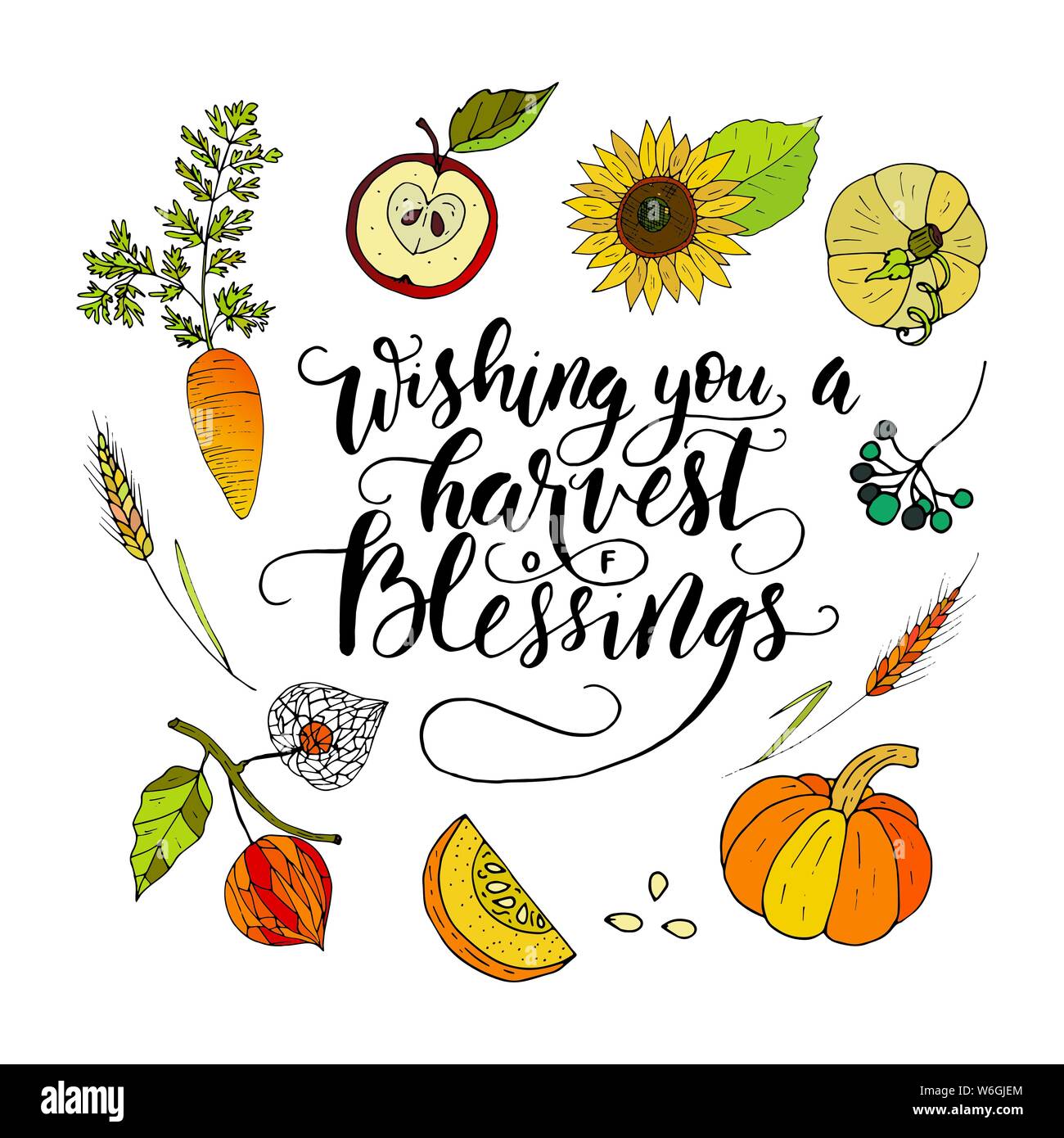 Wishing you a harvest of blessings. Handdrawn unique autumn card with ...