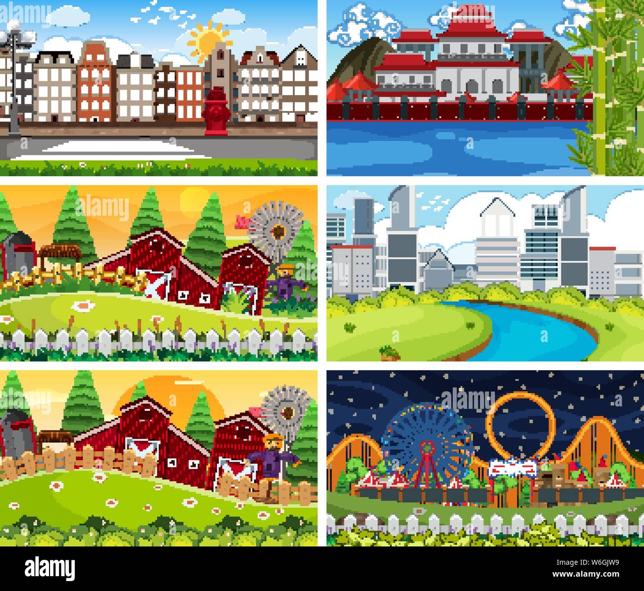 A set of outdoor scene including building illustration Stock Vector ...