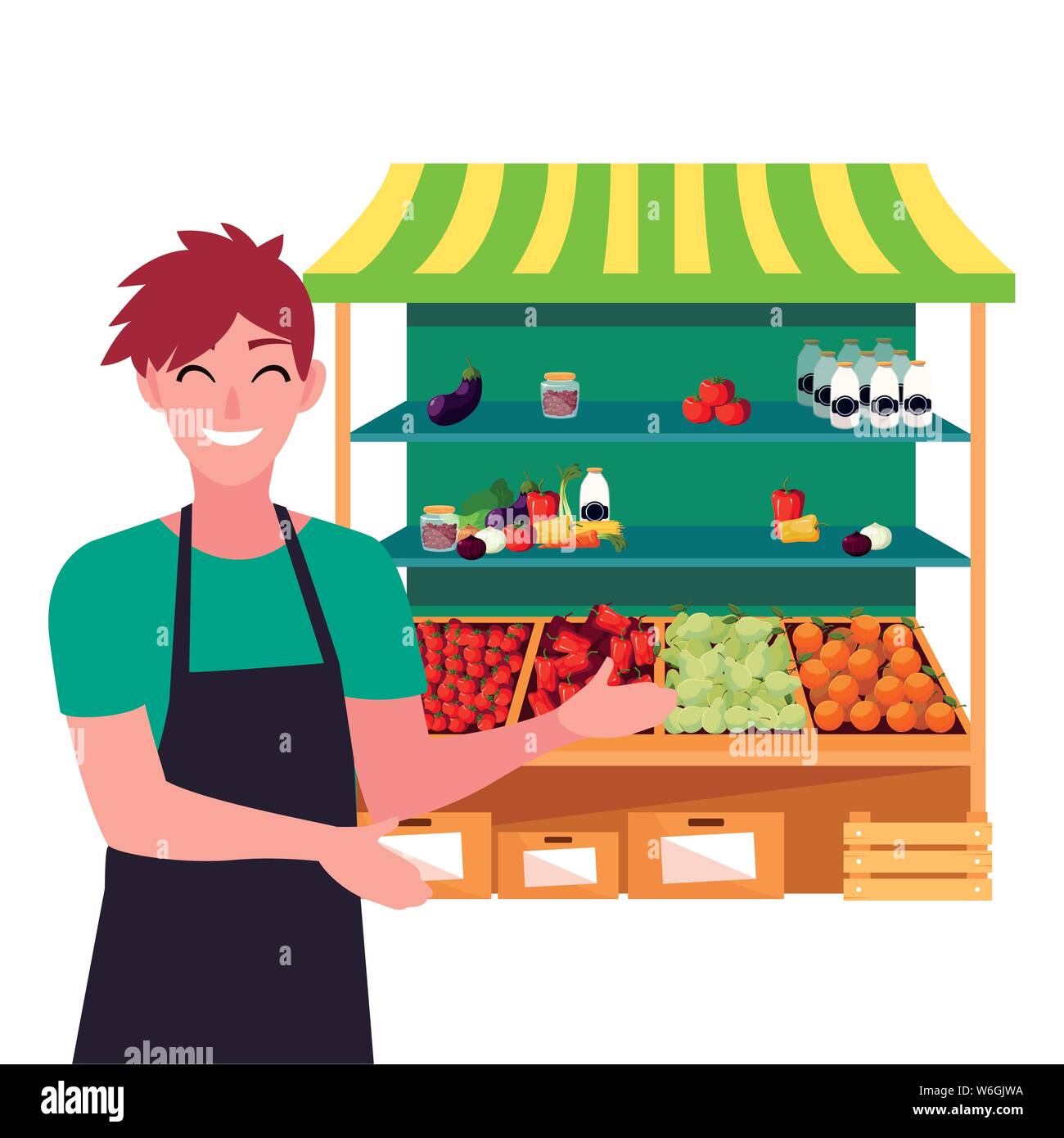 seller man farm products stand fruits vegetables vector illustration ...