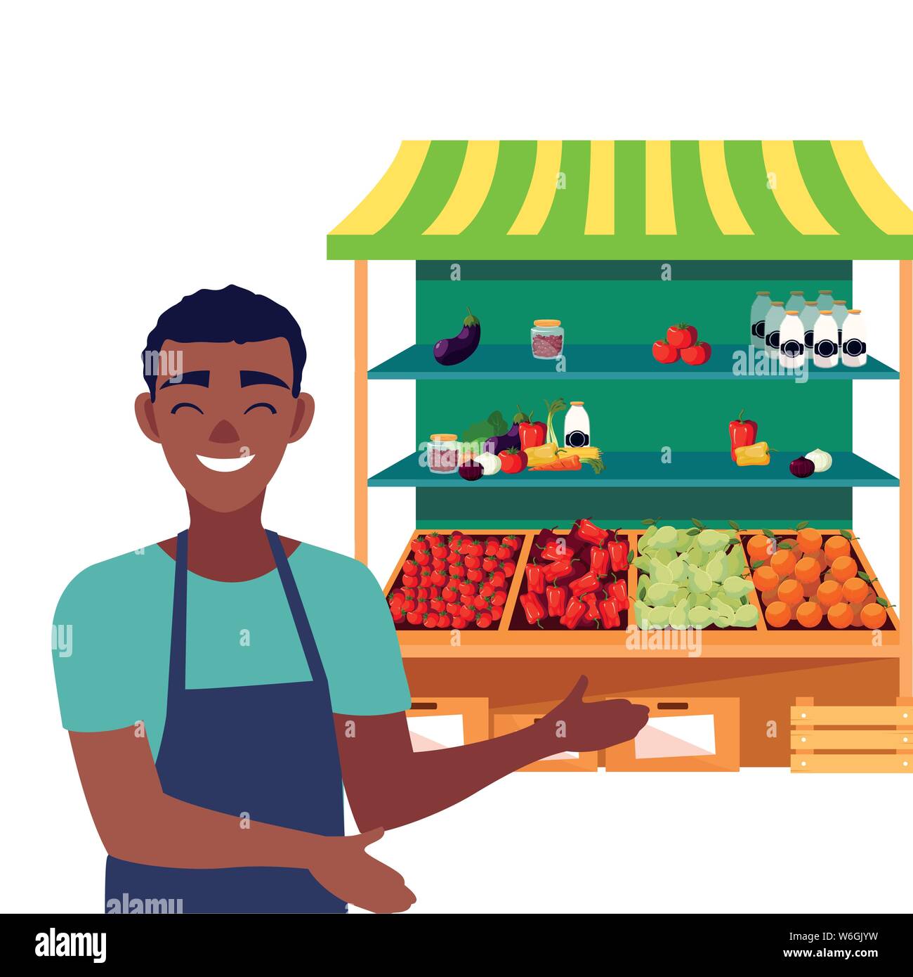 seller man farm products stand fruits vegetables vector illustration ...