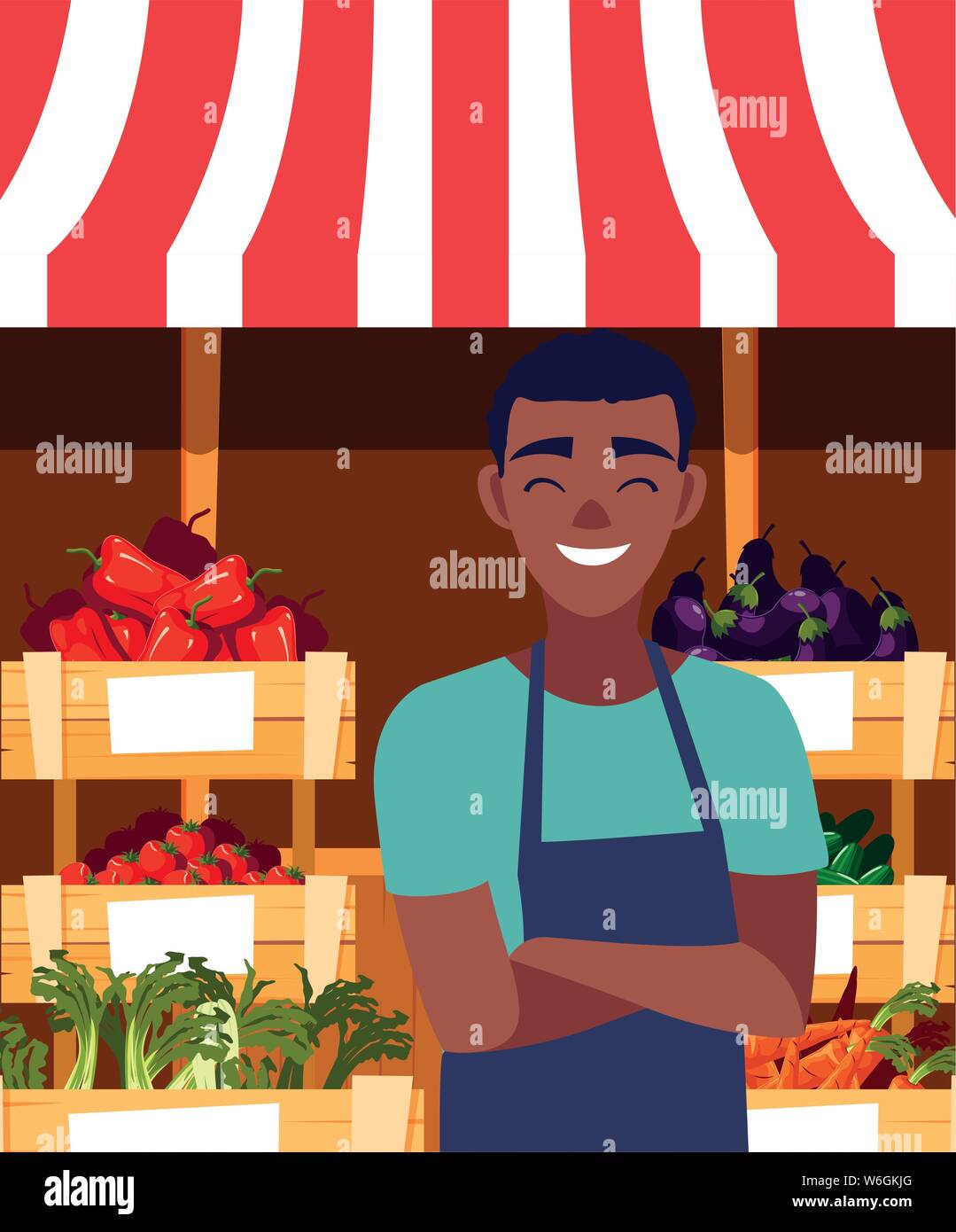 seller man farm products stand fresh vegetables vector illustration ...