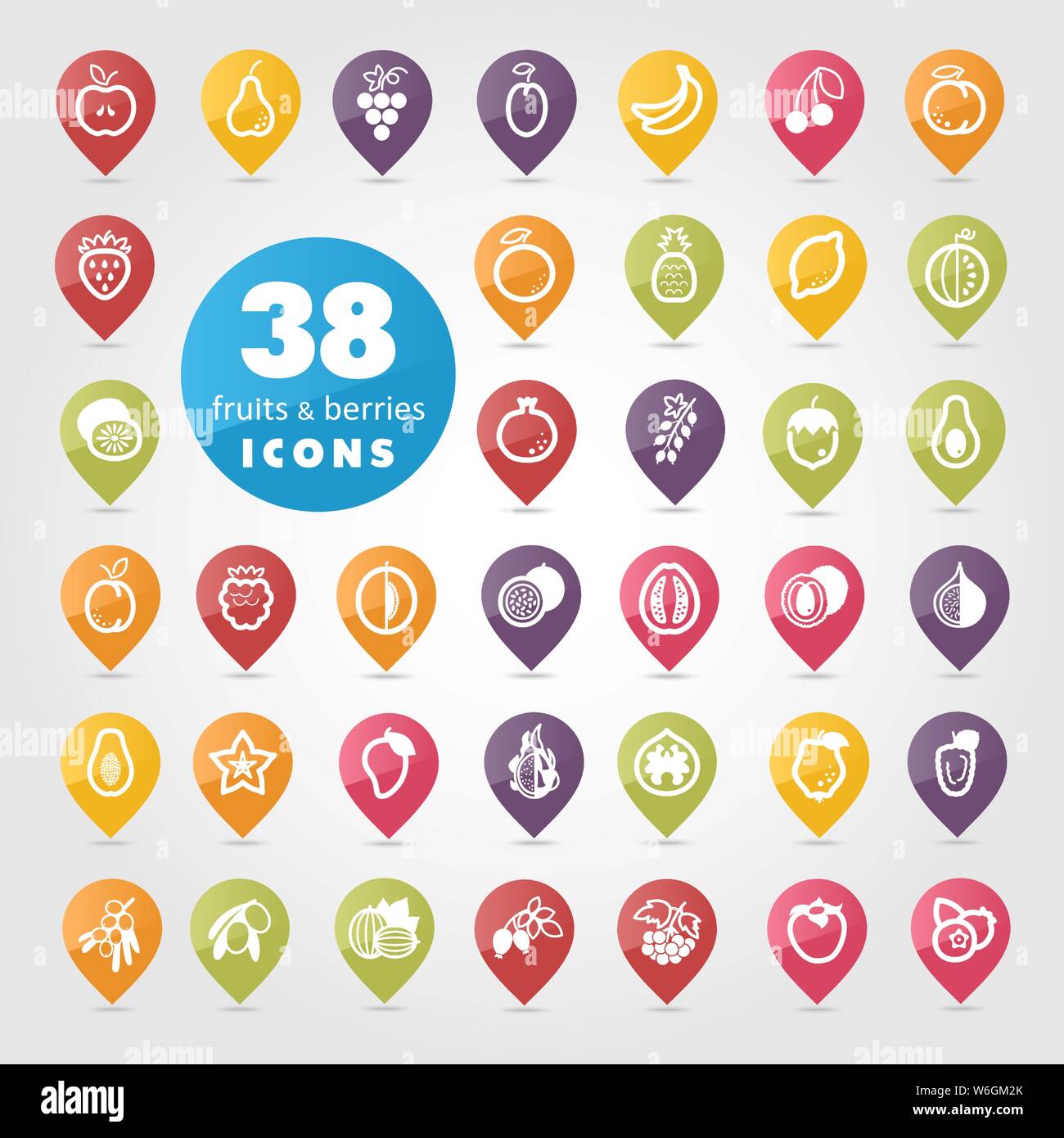 Set of Fruits and Berries pin map icon. Map pointer. Map markers ...