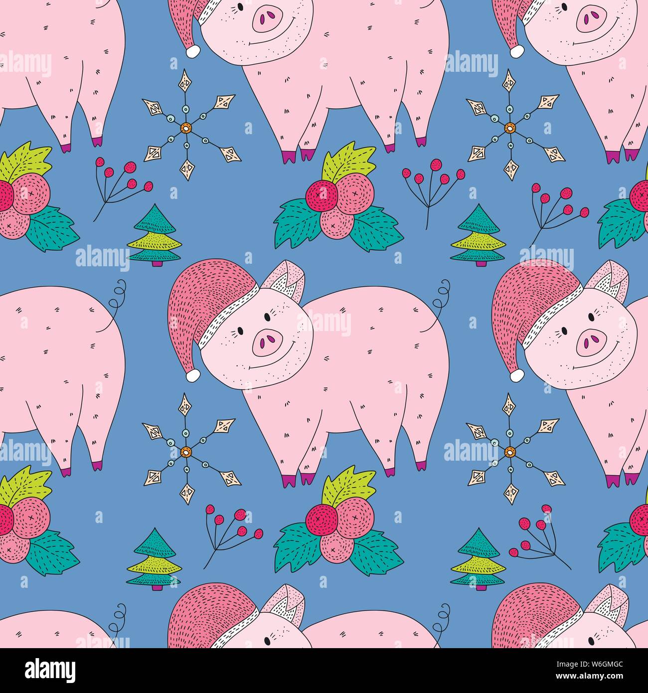 Doodle Christmas pig. Christmas vector seamless pattern with detailed ...