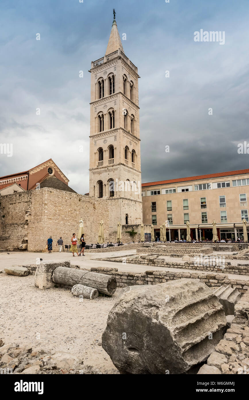 Roman ruins and the Tower of St Anastasia's Cathedral; Zadar, Croatia ...