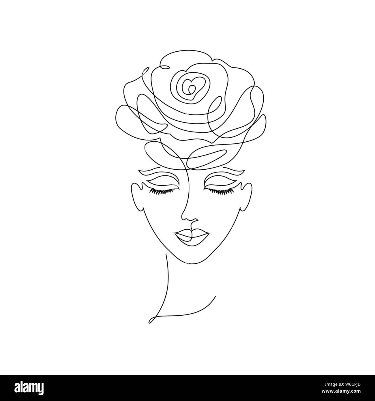Portrait of young girl on white background.One line drawing style ...