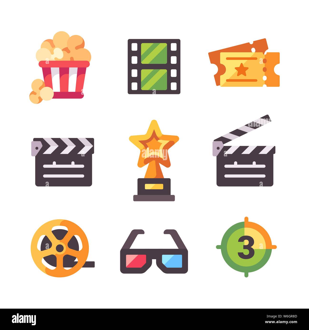 Set of flat cinema icons. Popcorn, tickets, award, clapper board ...