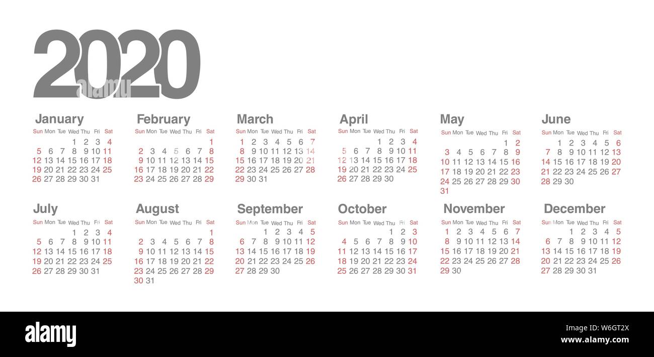 Calendar 2020 year. Black and white vector template. Week starts on ...