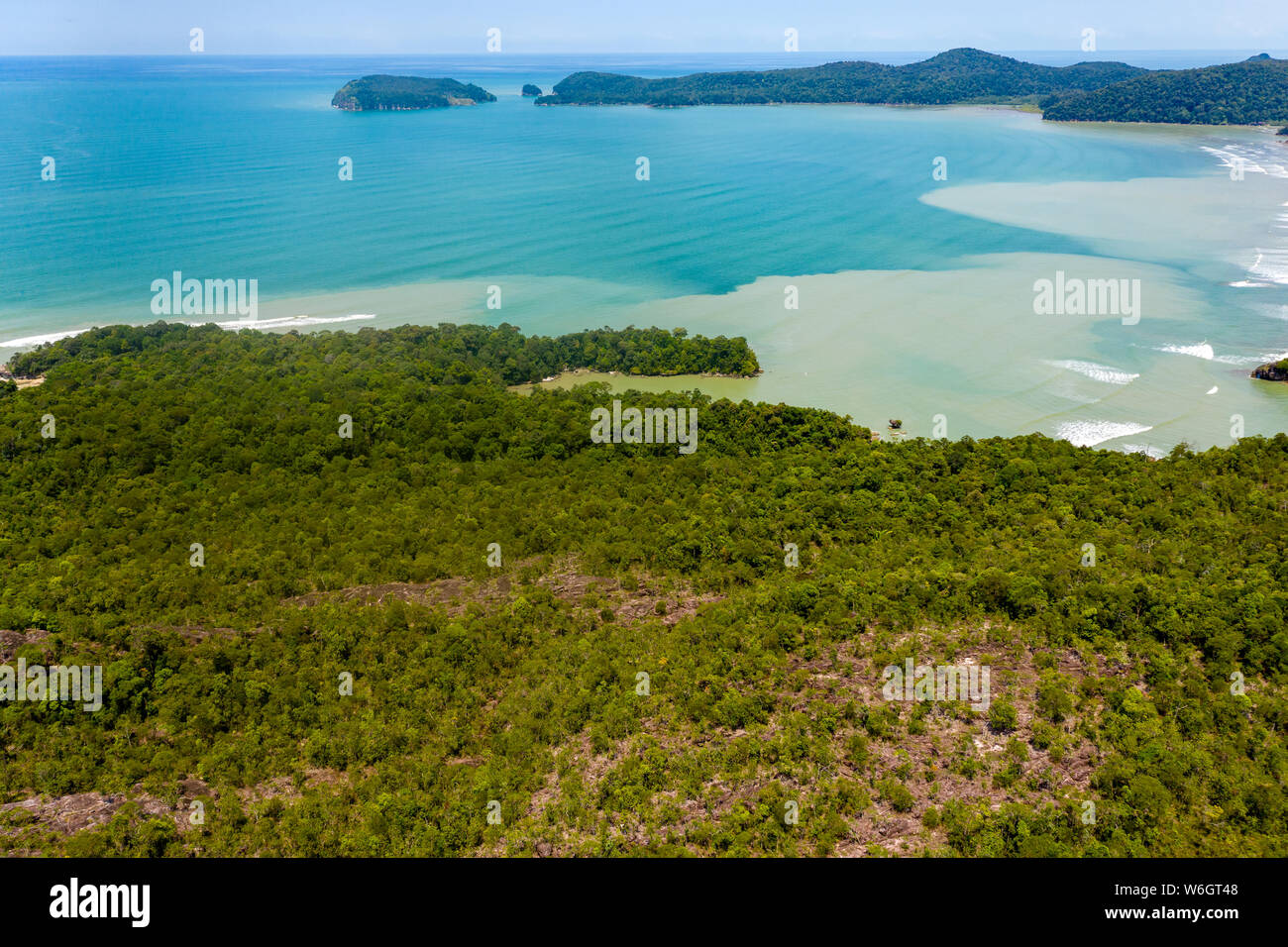 Aerial drone view of dense jungle and a muddy ocean on a remote ...