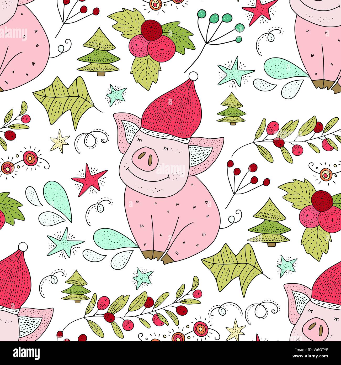 Doodle Christmas pig. Christmas vector seamless pattern with detailed ...